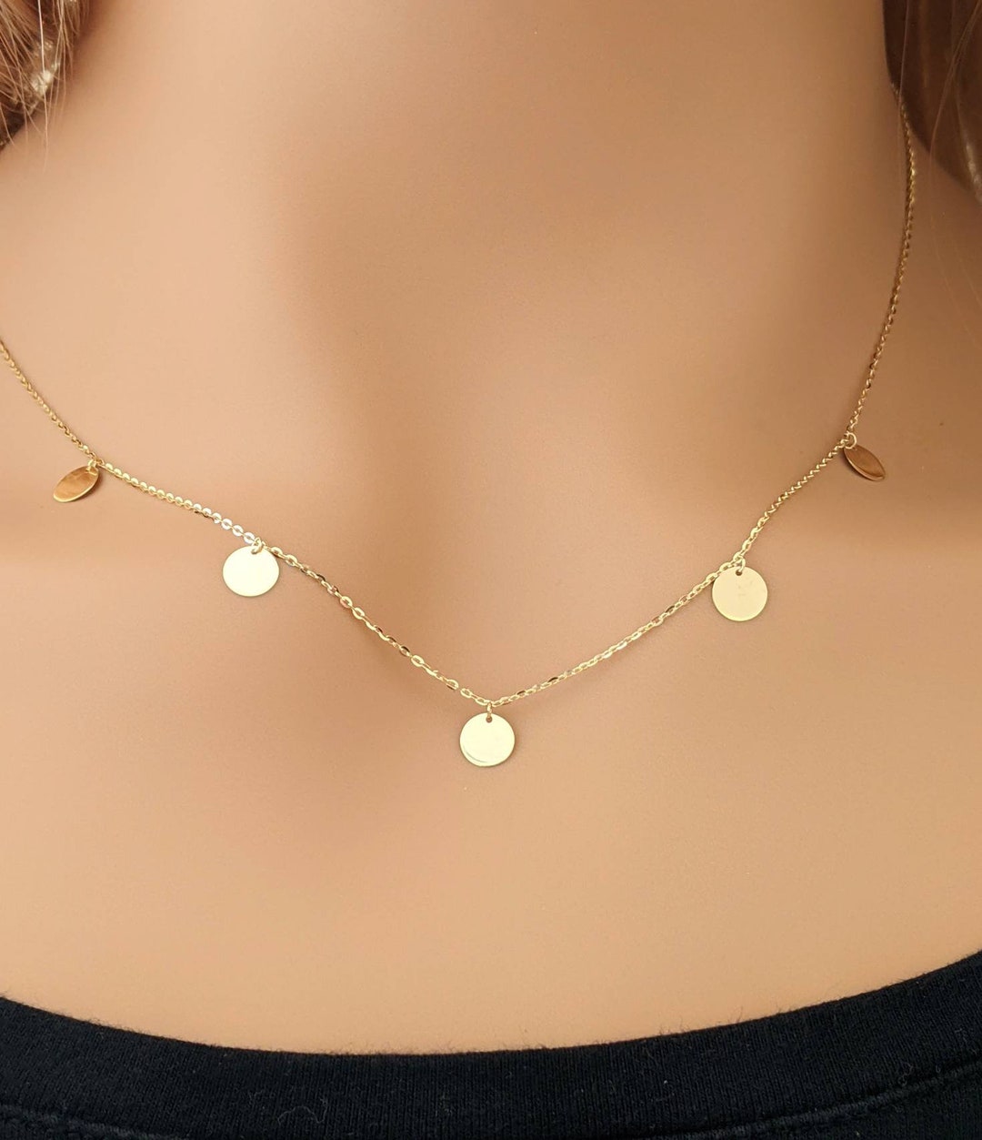 Dangling Disc Necklace 14k Yellow Gold / Solid Gold / 6mm. Disc 1.1mm ...