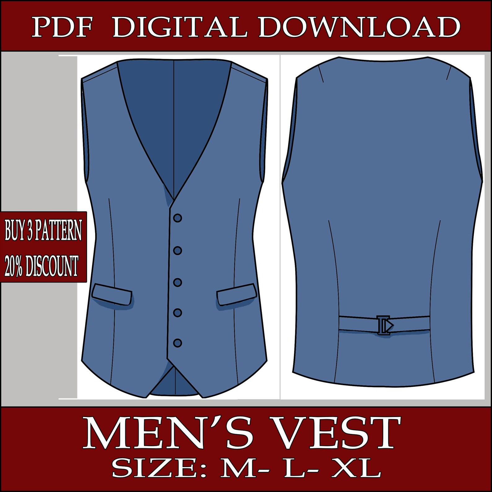 DIY Vest - Template Pattern Blueprint Pdf Vector Printable Digital ...