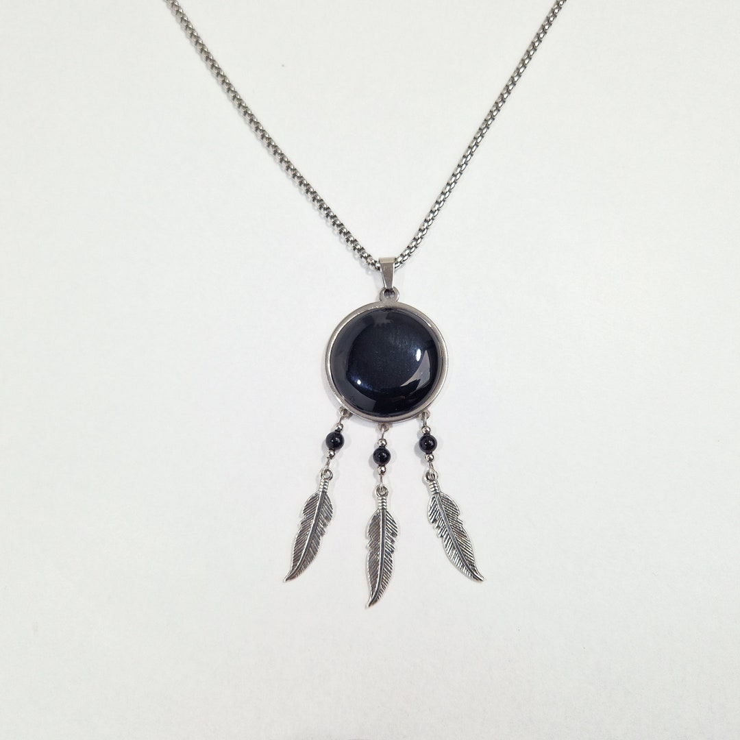 Dreamcatcher Necklace, Black Onyx, Gothic, Native American, Feathers ...