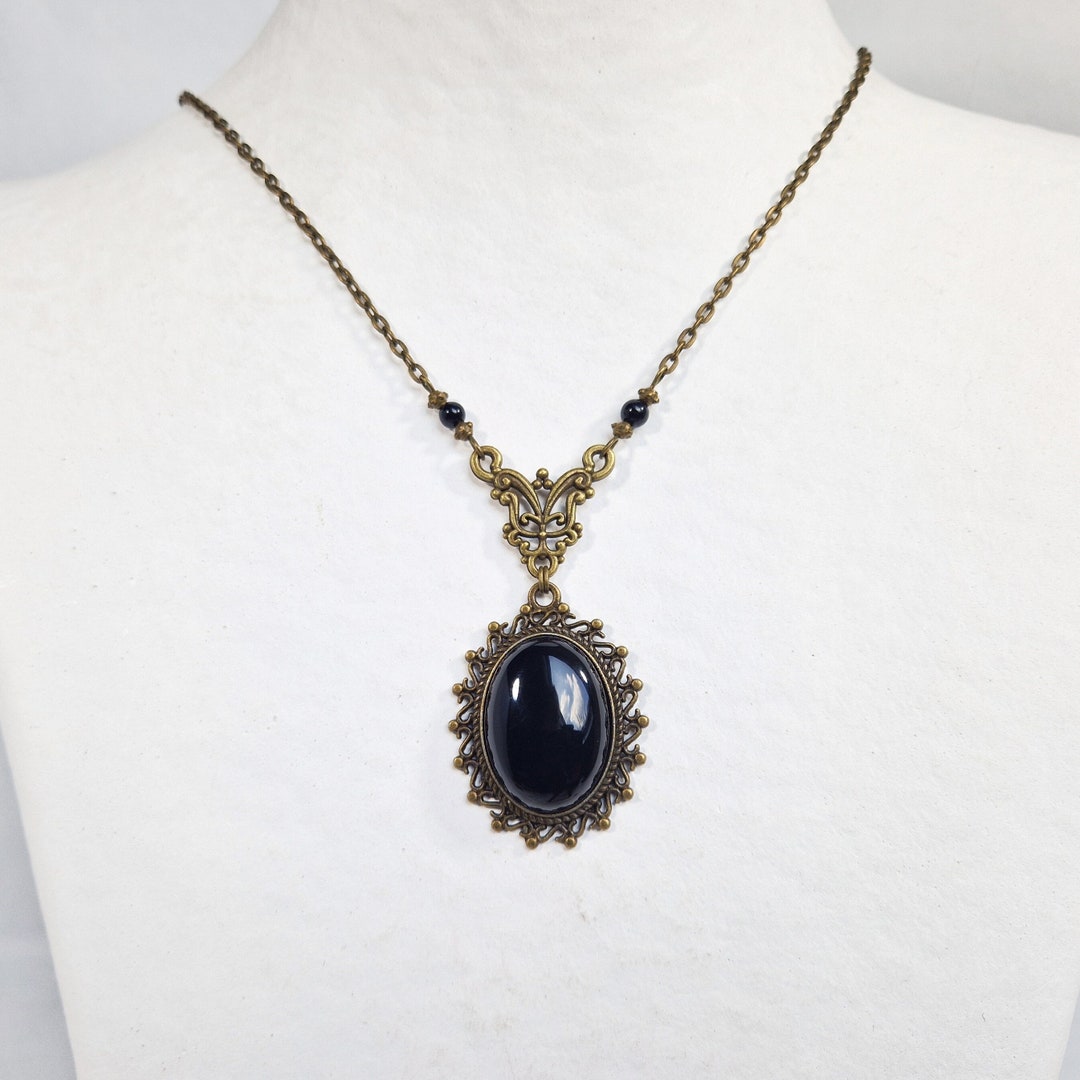 Victorian Gothic Necklace Black Onyx Natural Stone Medieval Medallion ...