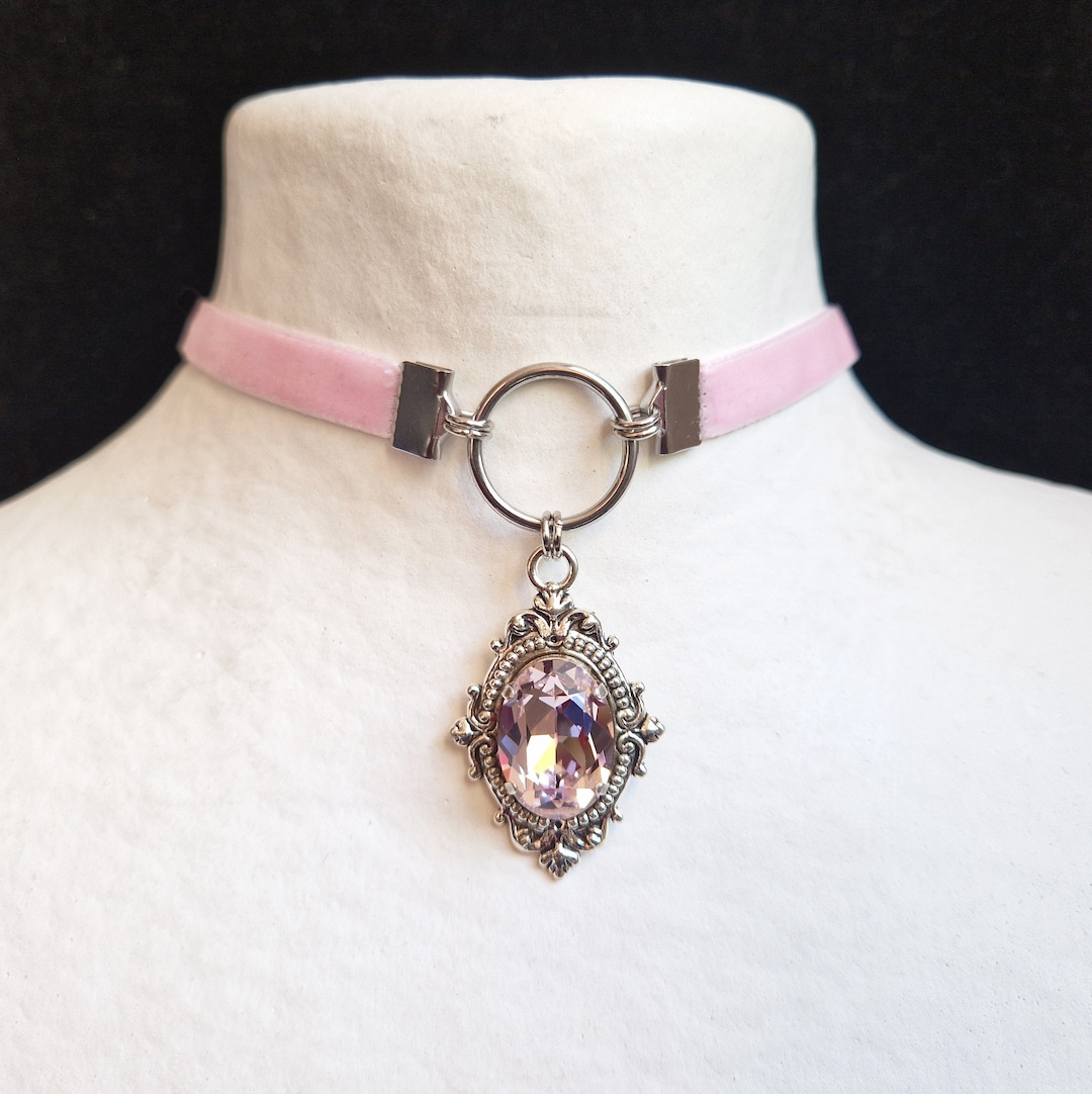Light Pink Velvet Choker Real Crystal Victorian Pendant Romantic Gift ...