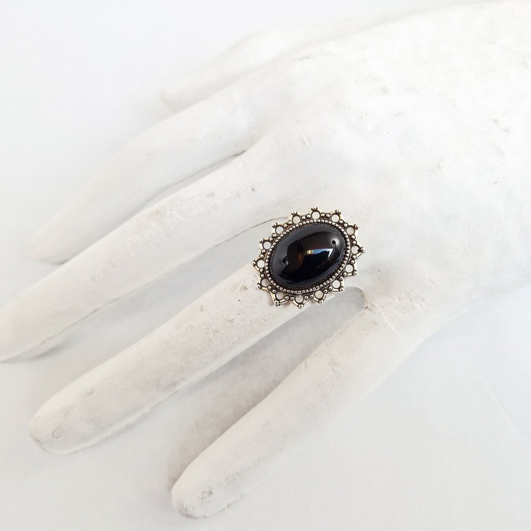 Victorian Gothic Ring Black Onyx Natural Stone Adjustable Fancy Setting ...