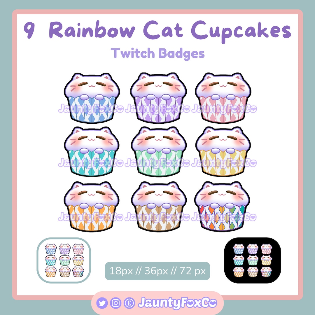 9 Cute Rainbow Cat Cupcake Twitch Badges // Kawaii Badges // Cute ...