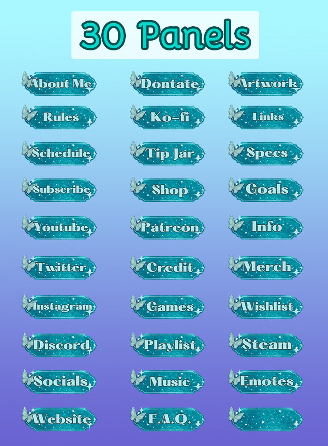 30 Teal Blue Mystical Butterfly Twitch Panels // Magical Stream Panels ...