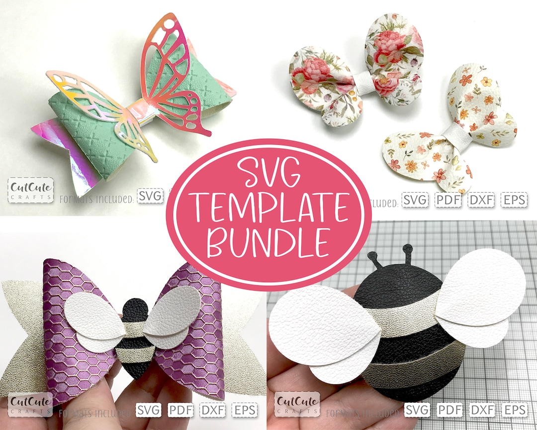 Bee and Butterfly Hair Bow SVG Bundle, Hair Clip Faux Leather Bow Svg ...