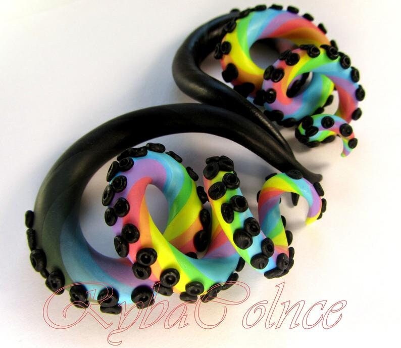 The Pastel Goth Tentacle Black Rainbow Gauges / Earrings / - Etsy
