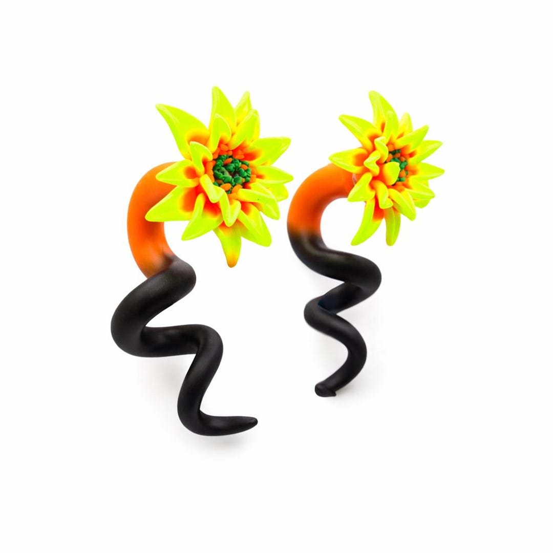 Neon Sunflower Spiral Fake Gauge Earrings - UV Reactive Polymer Clay ...