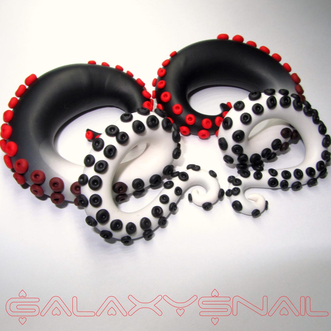 Abyssal Tentacle Gauges - Black, White & Red Octopus Plugs 6g-1 ...