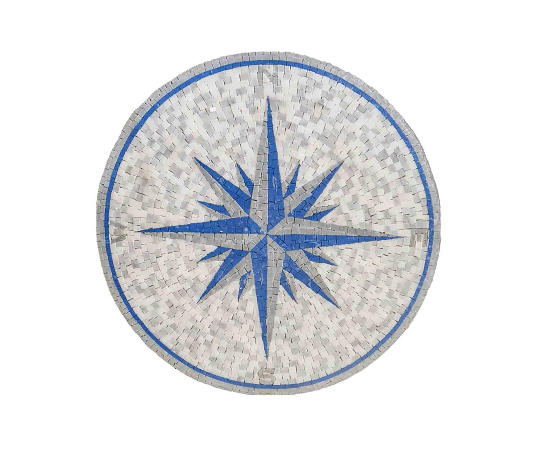 Navy Blue Compass Rose Nautical Marble Mosaic Medallion Tiles ...