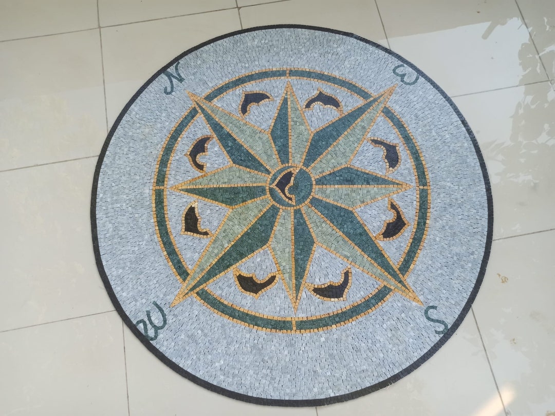 Handcut Marble Mosaic Medallion: Compass Rose Nautical Flooring Tile - Etsy