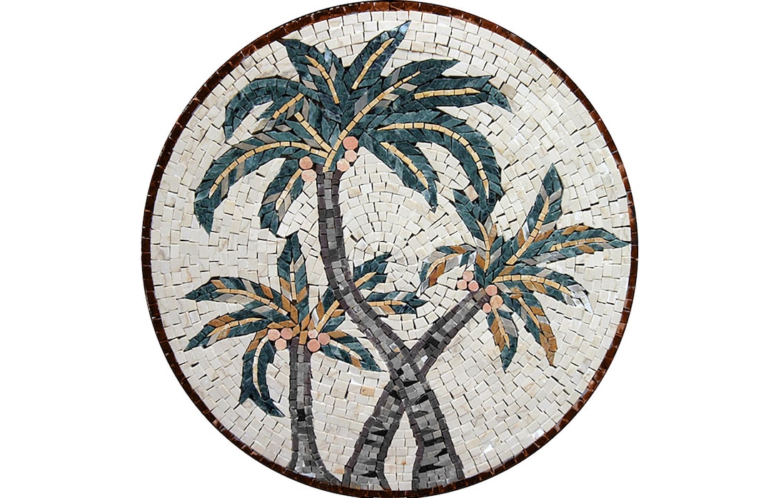 Coconut Palm Tree Backsplash Round Medallion Mosaic Tiles. Hand Cut ...