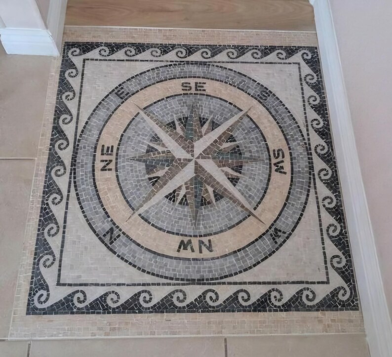 Compass Rose Marble Mosaic Tile: Hand-cut Medallion, Indoor/outdoor - Etsy