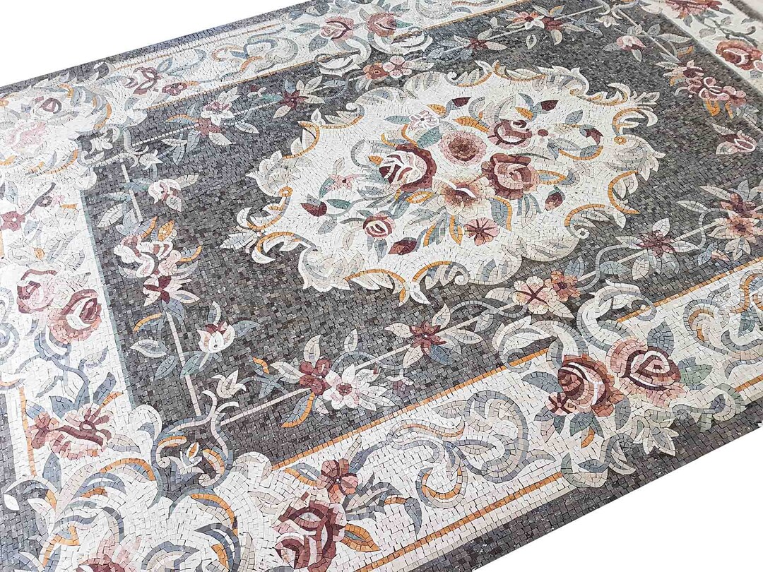 Natural Marble Stone Mosaic Rug Tiles With Flowers. Handcrafted and ...