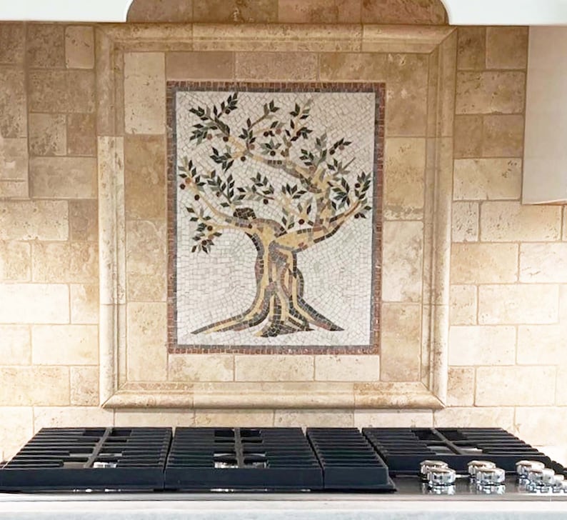 Olive Tree Backsplash Mural Marble Mosaic Tiles. Handcrafted Mosaic ...