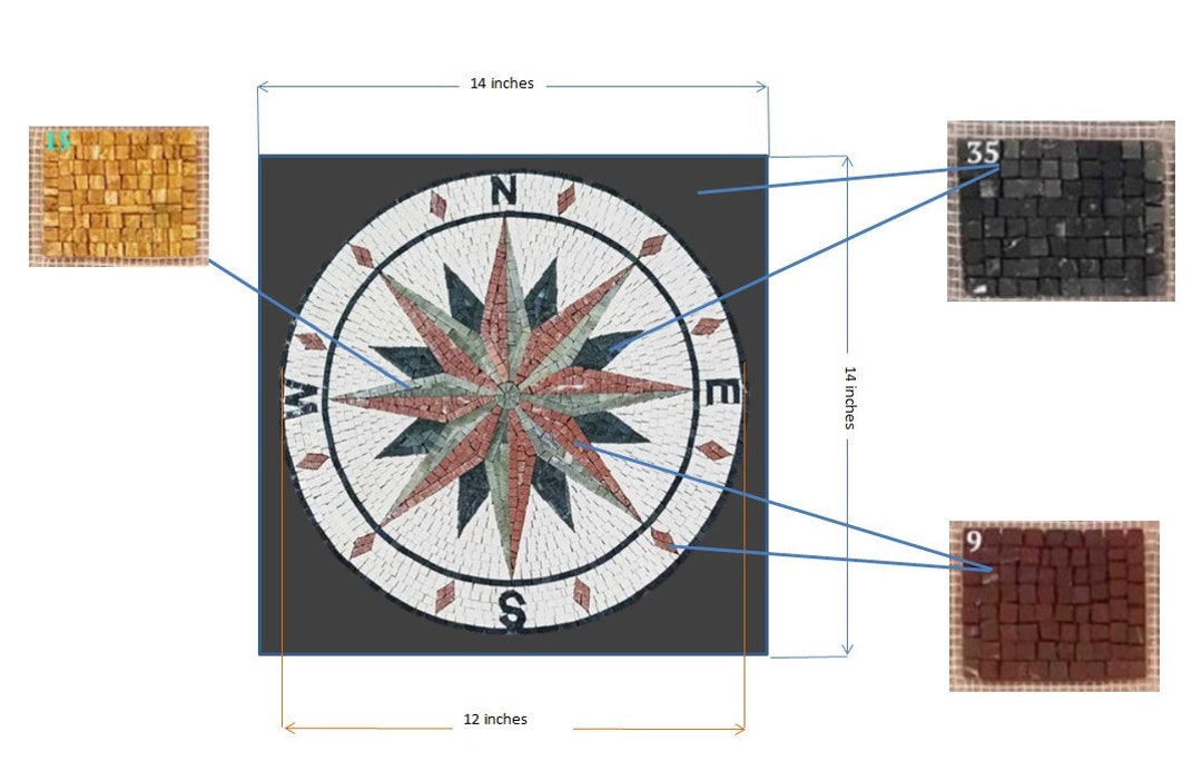 Square Compass Rose Marble Mosaic Medallion Tiles. Hand Cut Mosaic ...