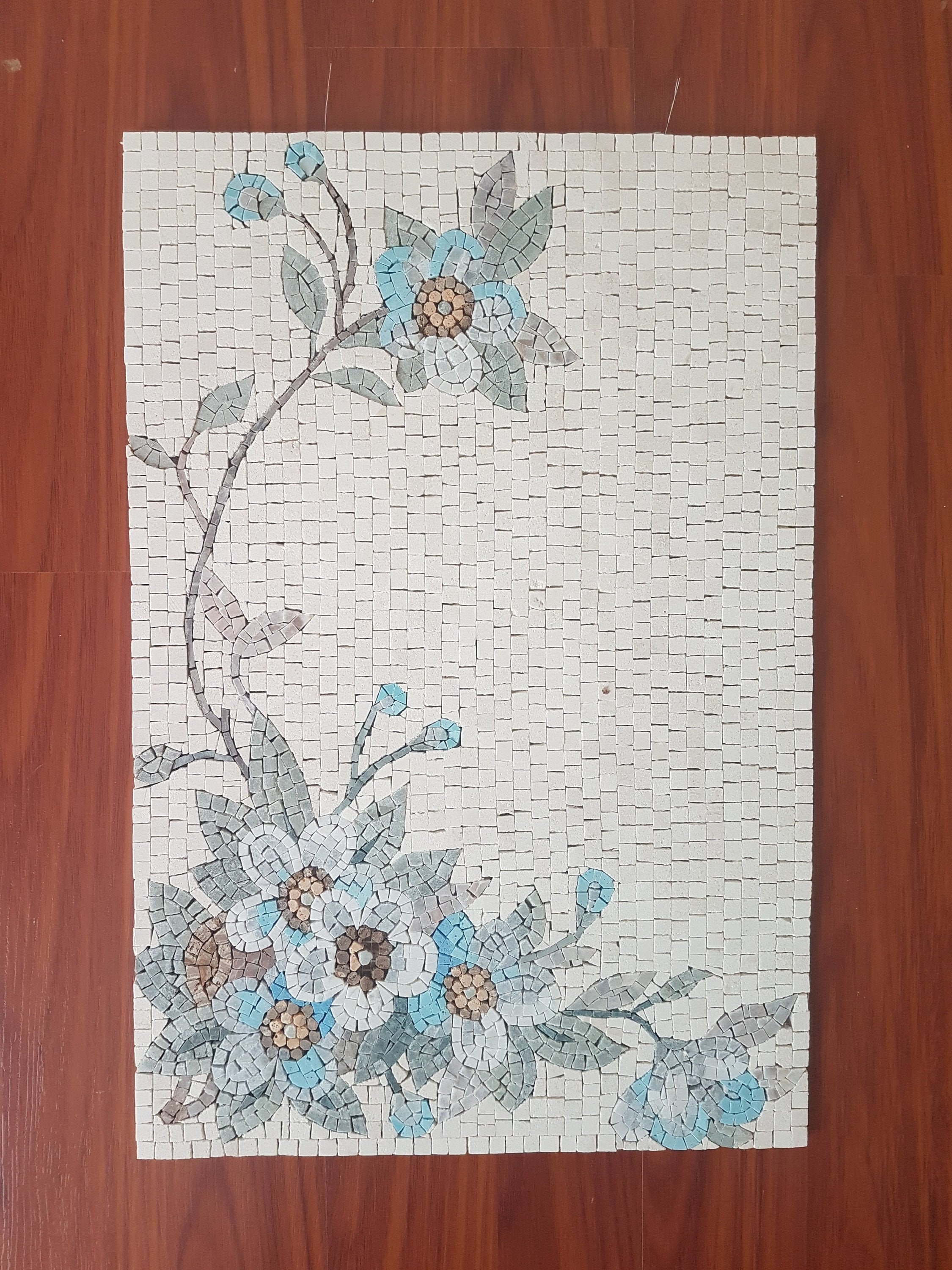 Blue Floral Backsplash Marble Mural Mosaic Tile Design. Hand - Etsy