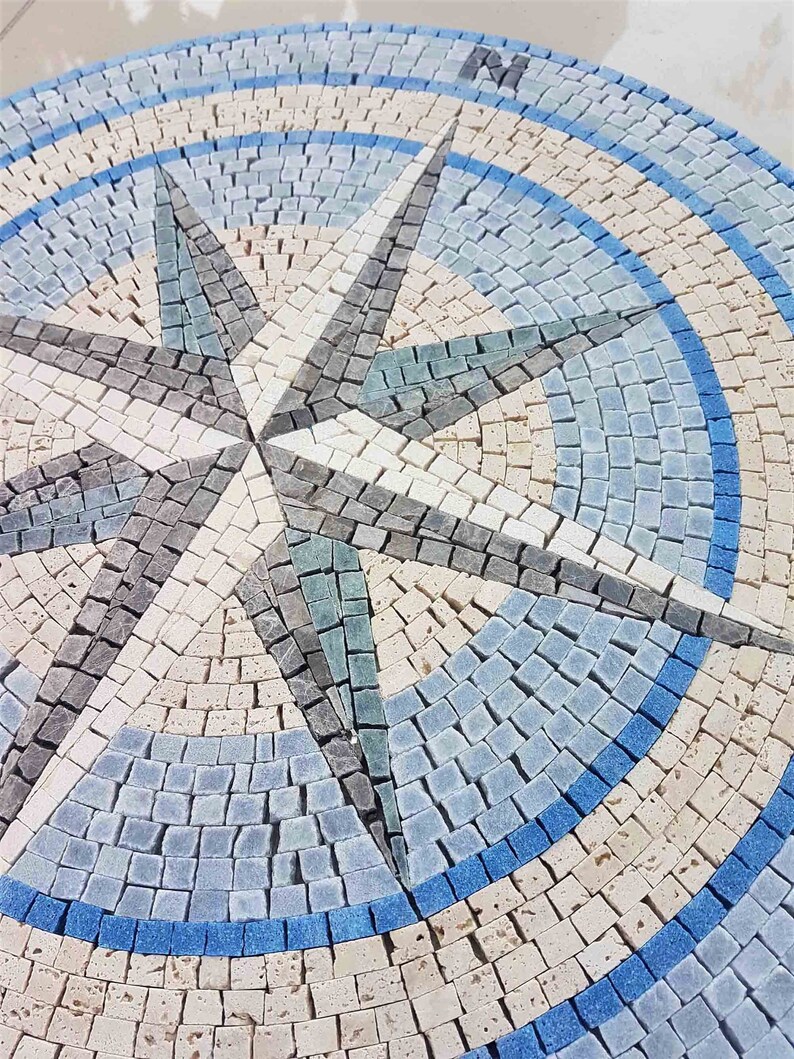 Blue Compass Rose Marble Mosaic Tile: Nautical Medallion for Flooring ...