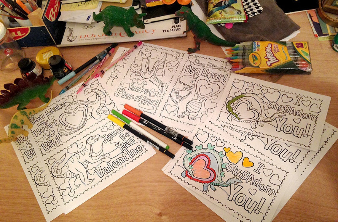 Dinosaur Coloring Printable Valentines - Set of 6 - Etsy