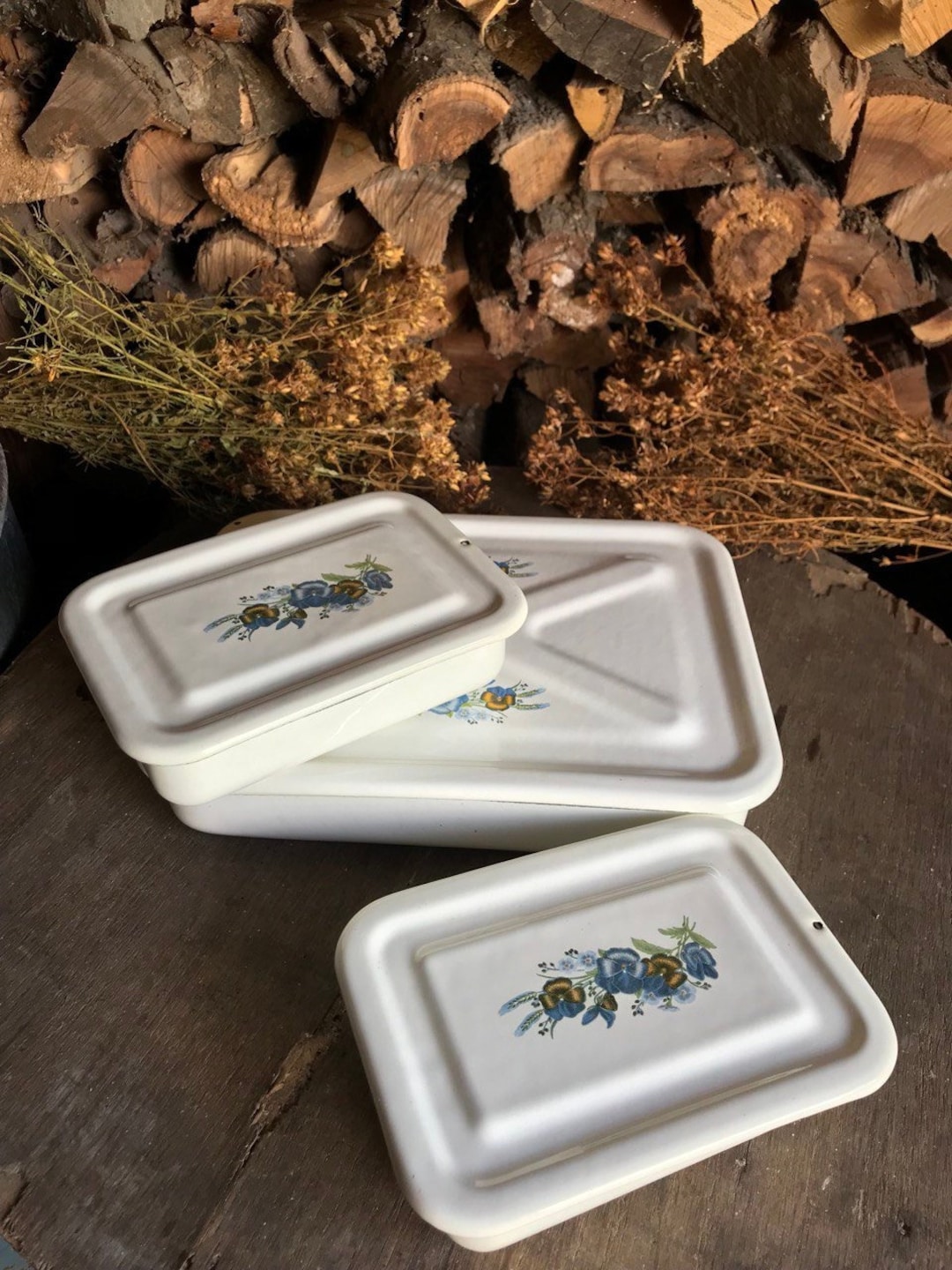 Vintage Enamelware Boxes, Food Container, Vintage Kitchen Decor, Metal ...