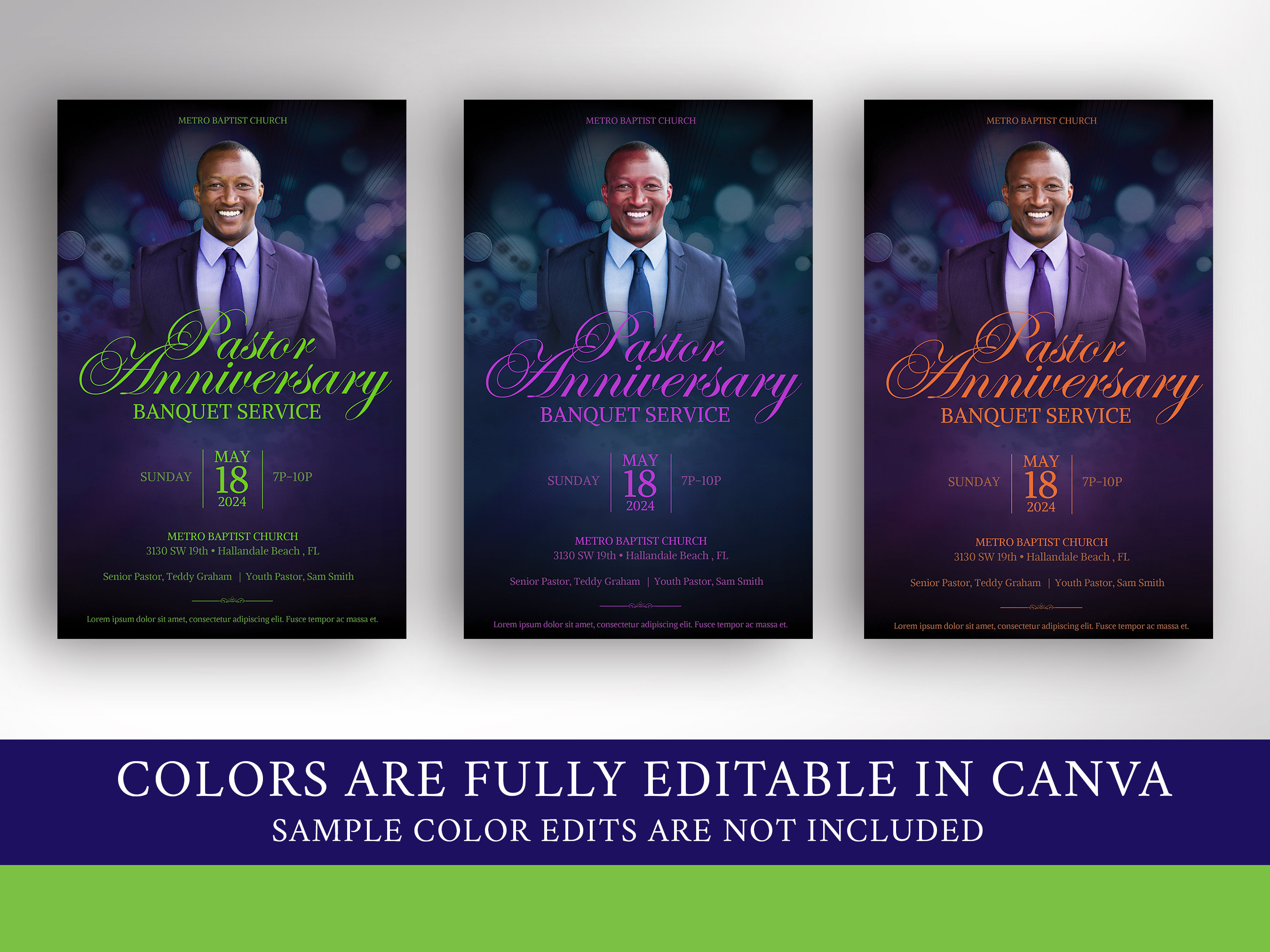 Pastor Anniversary Banquet Flyer Template for Canva, Blue Gold, Pastor ...