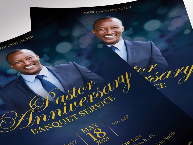 Pastor Anniversary Banquet Flyer Template for Canva, Blue Gold, Pastor ...