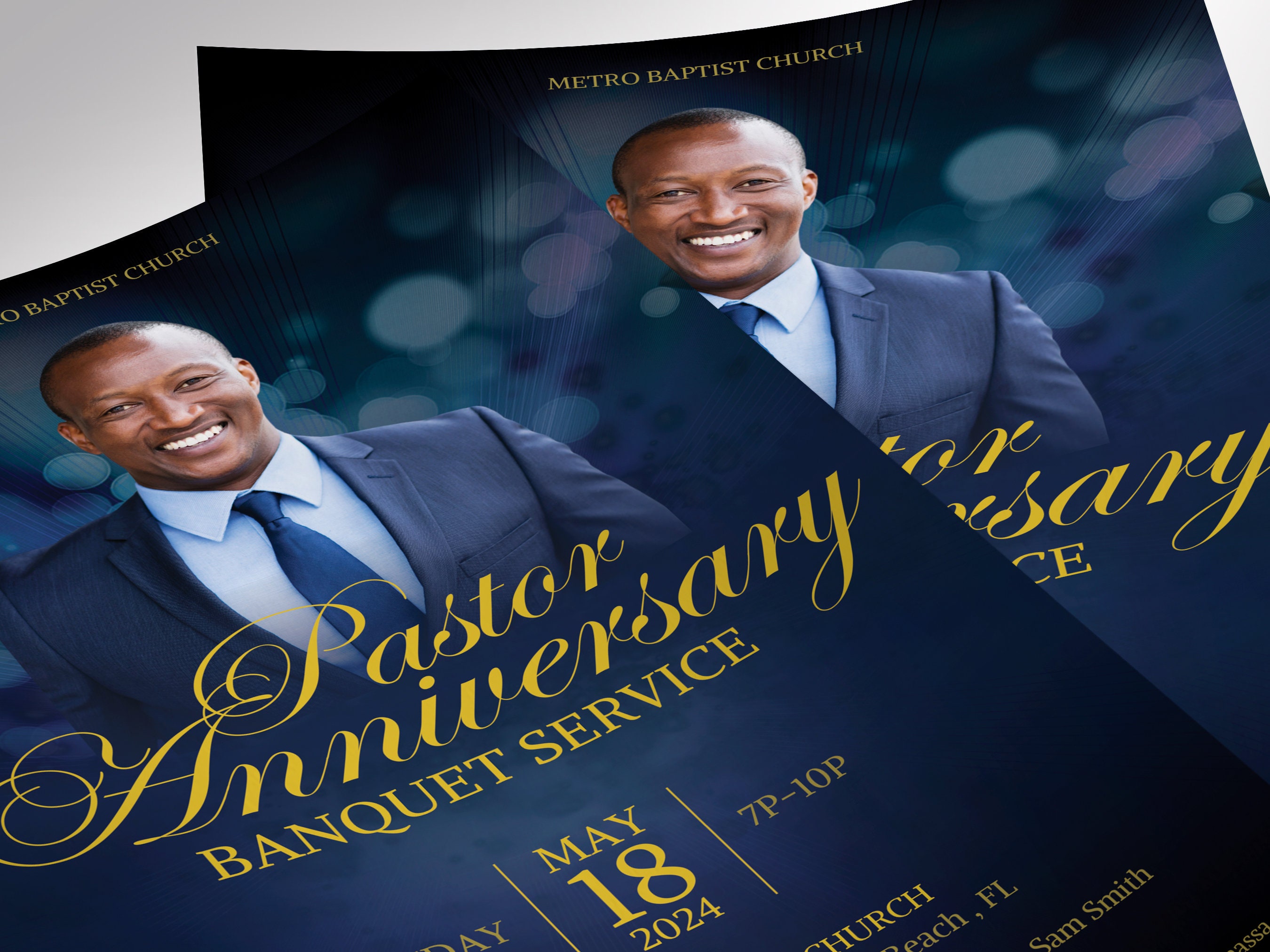 Pastor Anniversary Banquet Flyer Template, Blue & Gold Church Event ...