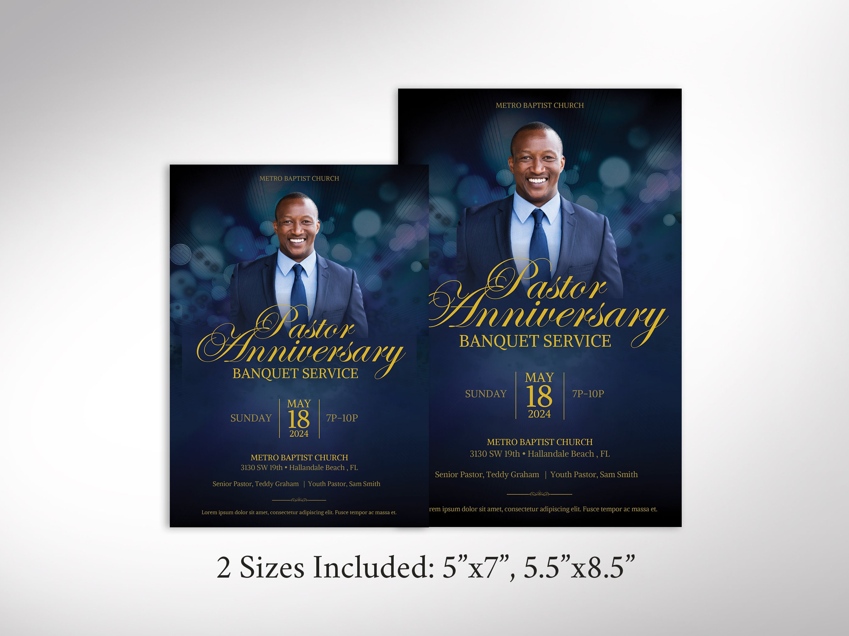 Pastor Anniversary Banquet Flyer Template for Canva, Blue Gold, Pastor ...