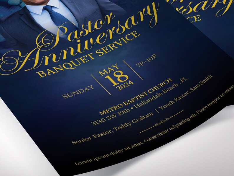 Pastor Anniversary Banquet Flyer Template for Canva, Blue Gold, Pastor ...