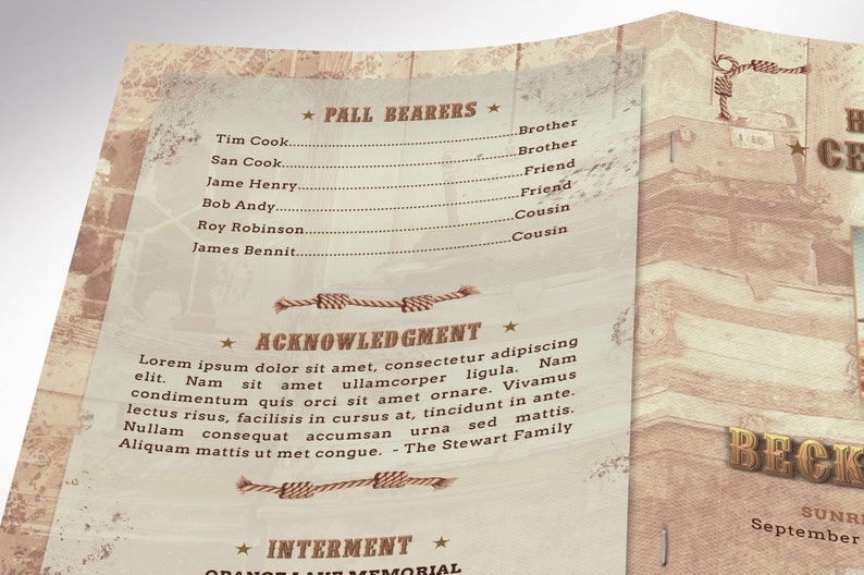 Country Western Funeral Program Template Set, Word Publisher, Brown ...