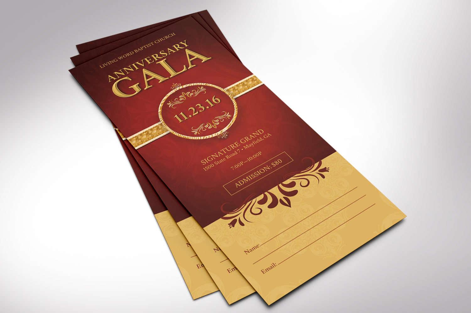 Church Anniversary Gala Ticket Word Publisher Template | Burgundy Gold ...