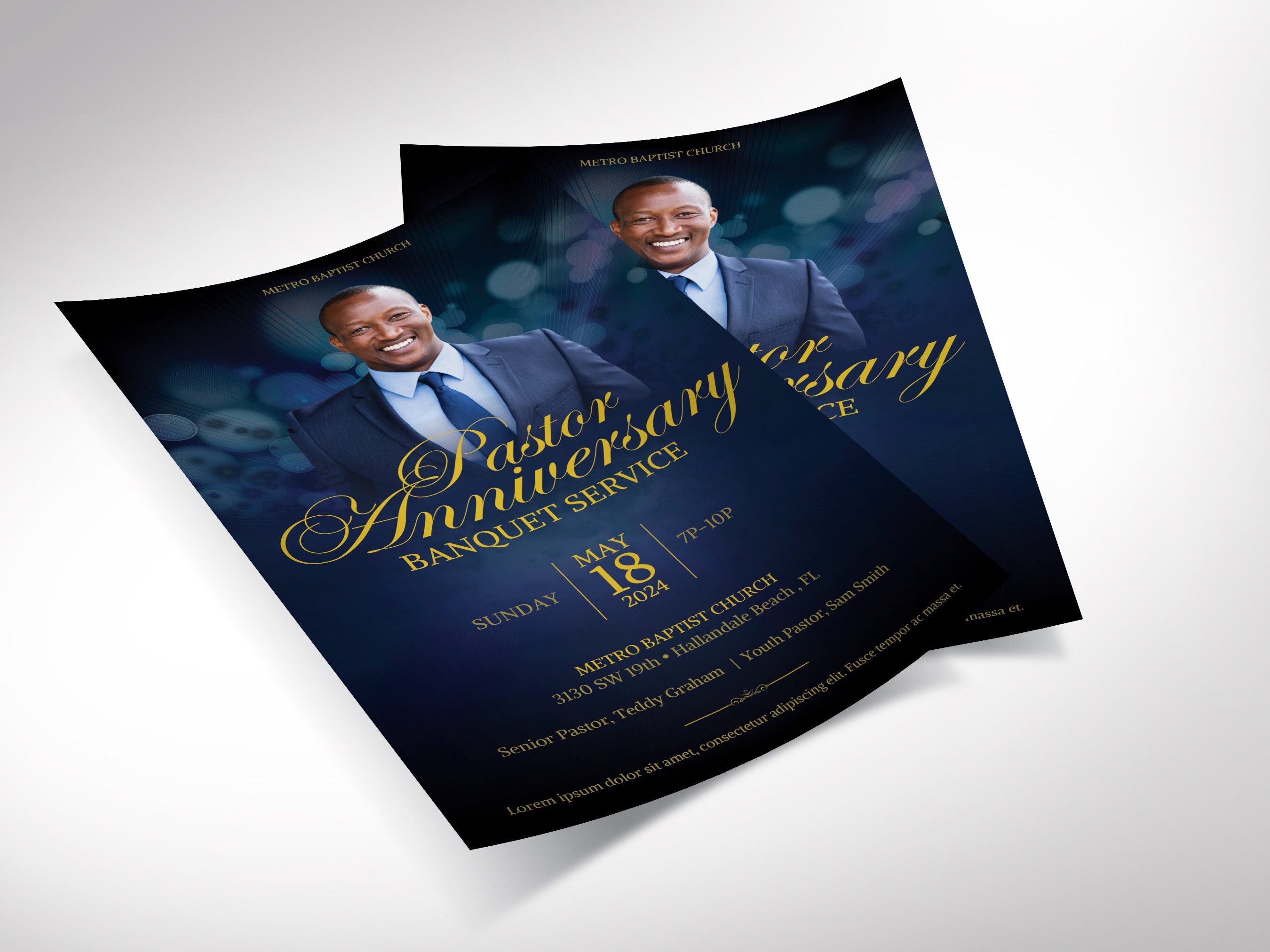 Pastor Anniversary Banquet Flyer Template for Canva, Blue Gold, Pastor ...
