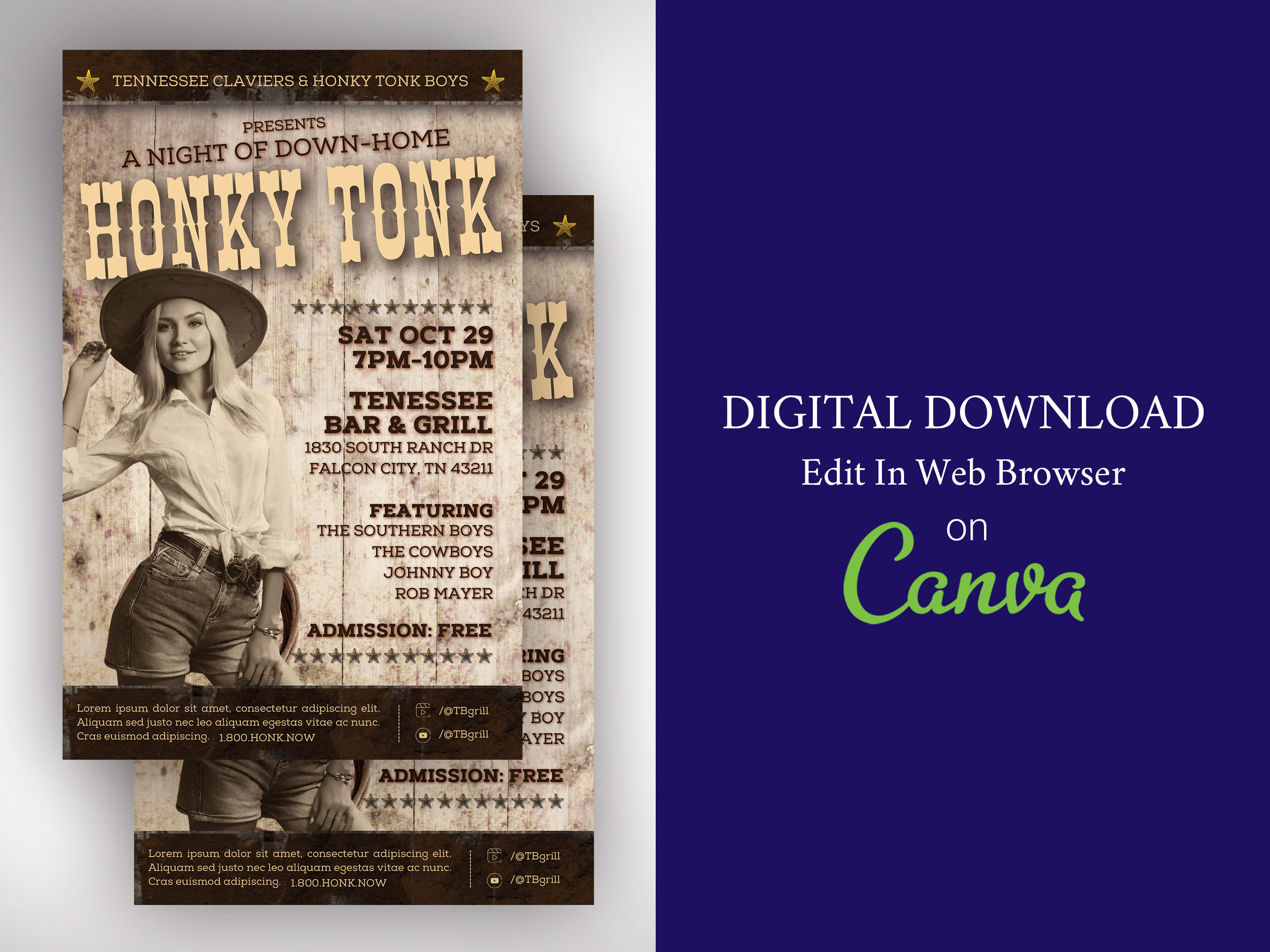 Honky Tonk Country Flyer Template for Canva, Country Western, Birthday ...