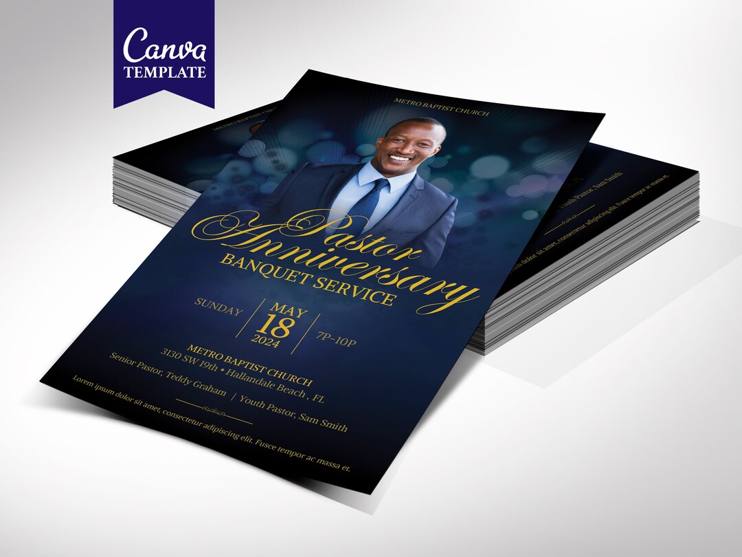 Pastor Anniversary Banquet Flyer Template, Blue & Gold Church Event ...