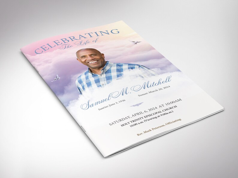 Heavenly Funeral Program Template: Purple Pink 8 Page Bifold Obituary ...