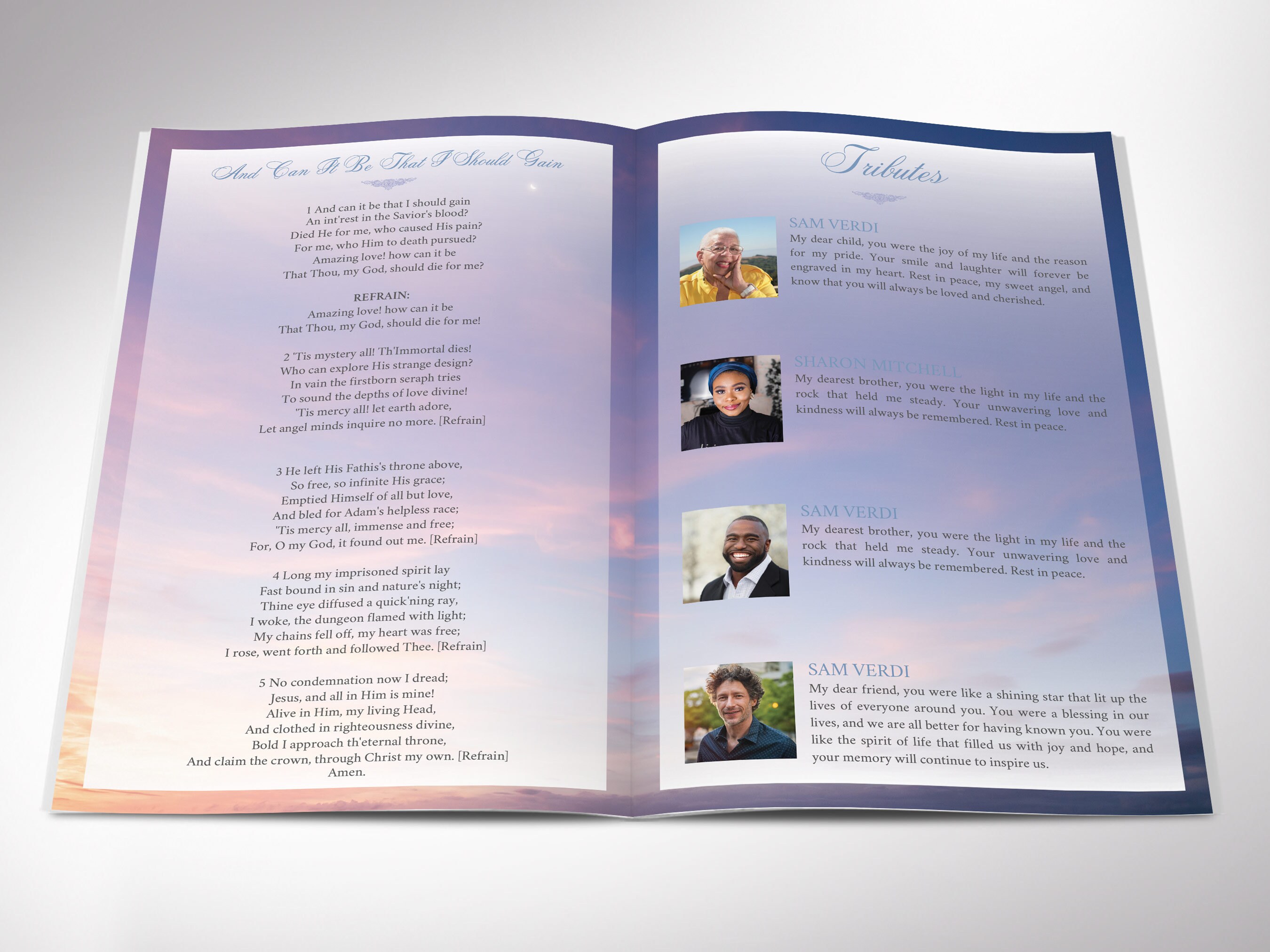 Heavenly Funeral Program Template: Purple Pink 8 Page Bifold Obituary ...