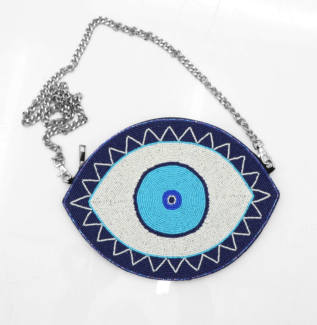 Mohancrafts Hand Beaded Evil Eye Hamsa Crossbody Bag, Blue Ivory ...