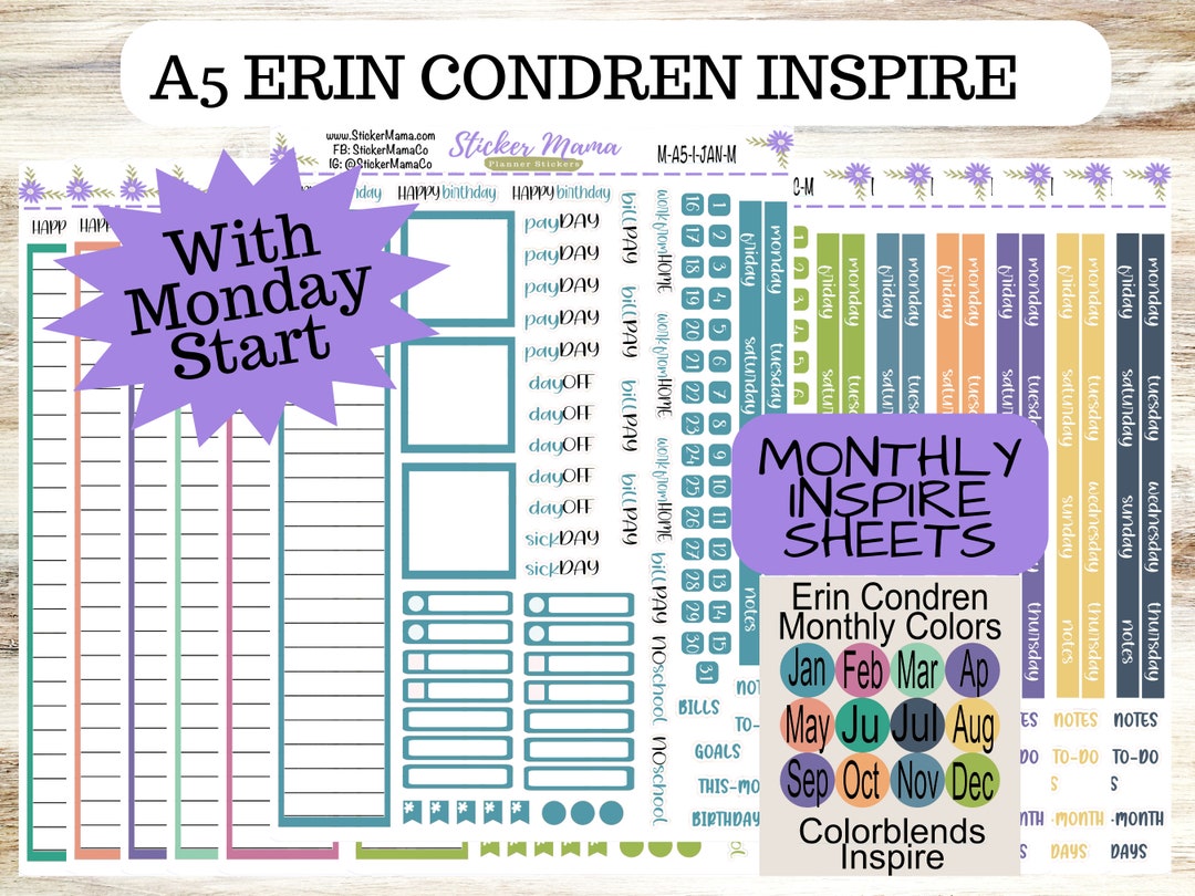 NEW ERIN CONDREN Inspire Monday Start M-A5-I A5 Inspire Monthly Kit ...