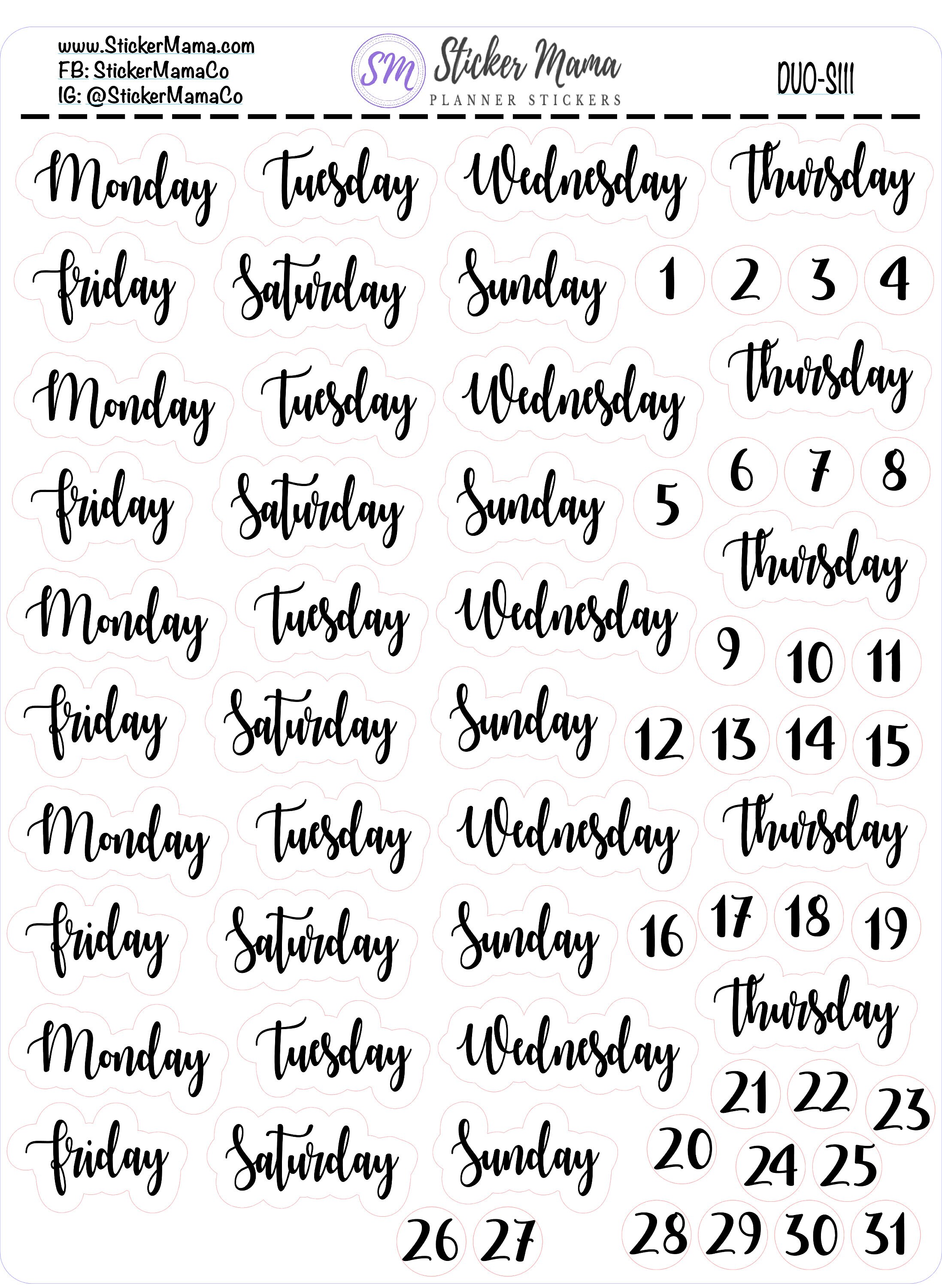 DAYS/DATES SCRIPT S111 Days of the Week Icons Dates Stickers - Etsy