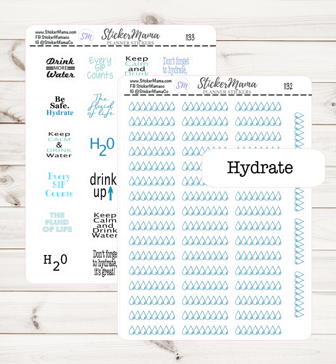 HYDRATE STICKERS 1132 1133 Planner Stickers Water Intake Stickers H20 ...