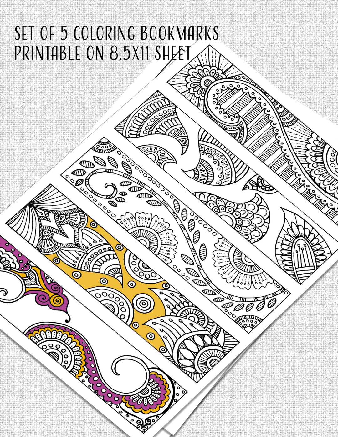 Set of 5 Printable Coloring Bookmarks, 8.5x11 Inches, PDF Download ...