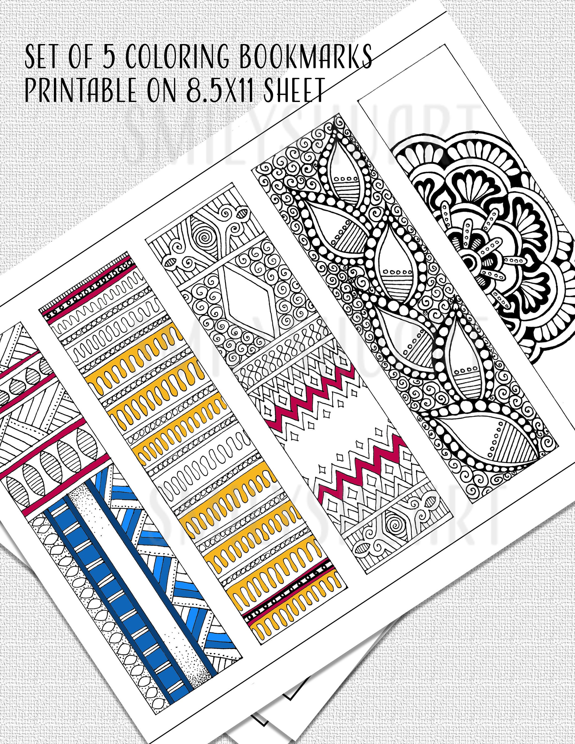 Set of 5 Printable Coloring Bookmarks, 8.5x11 Inches, PDF Download ...