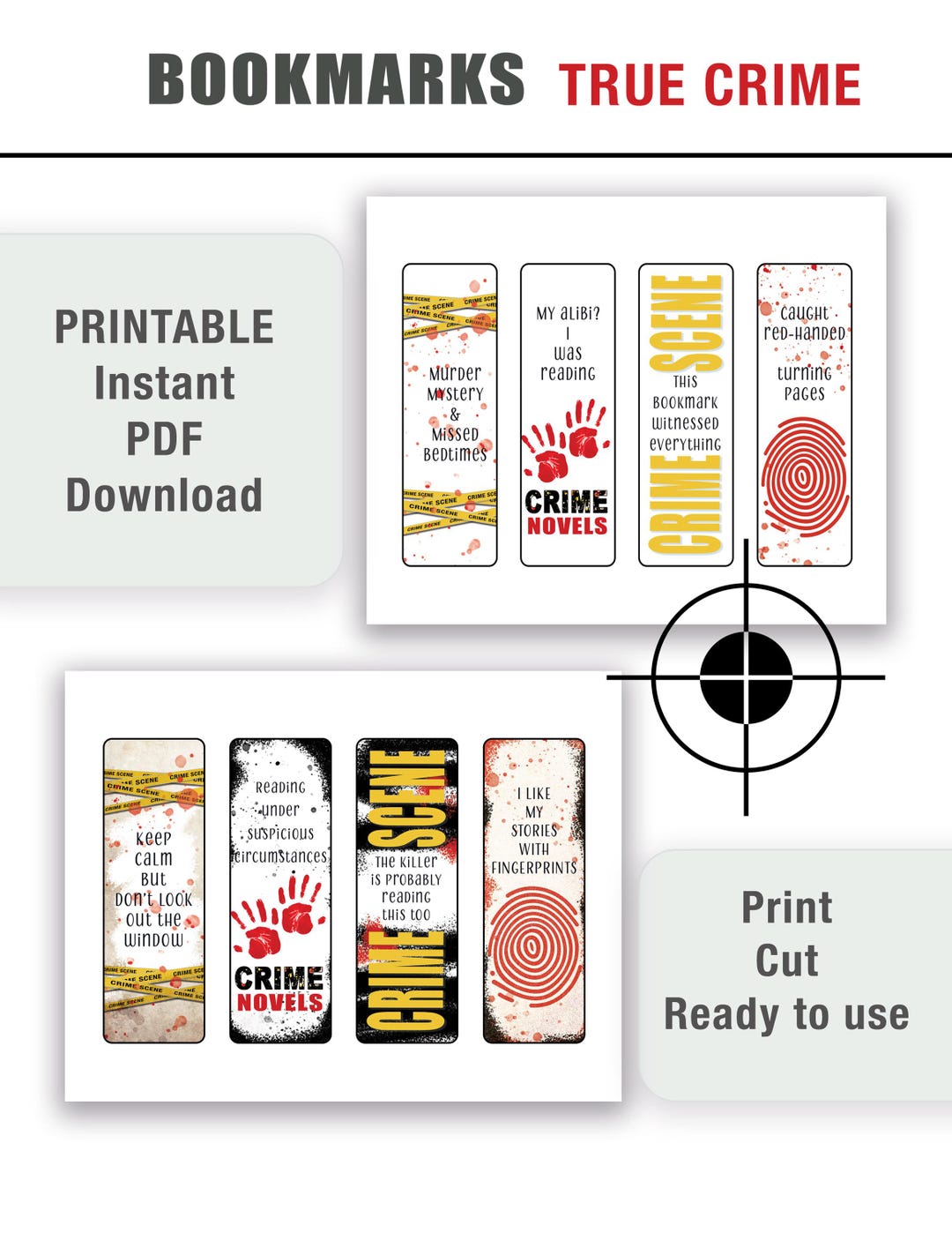 8 Printable Crime Bookmarks, Instant PDF Download, Bookmarks for ...