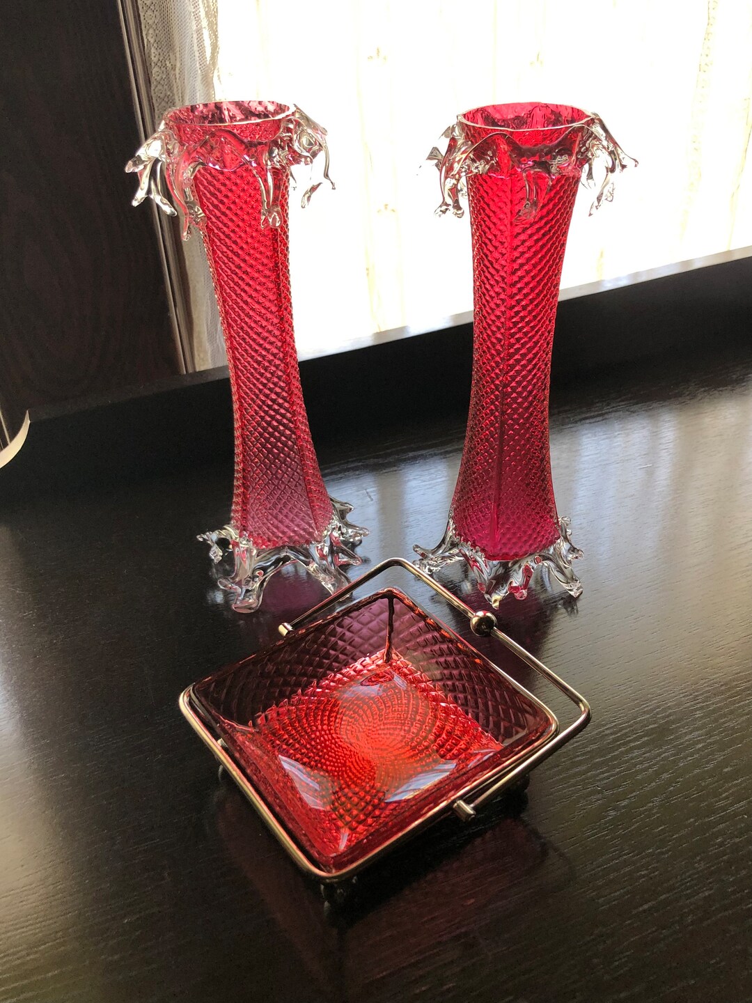 VICTORIAN CRANBERRY GLASS Grouping Antique Pair Welz Posey Vases and ...