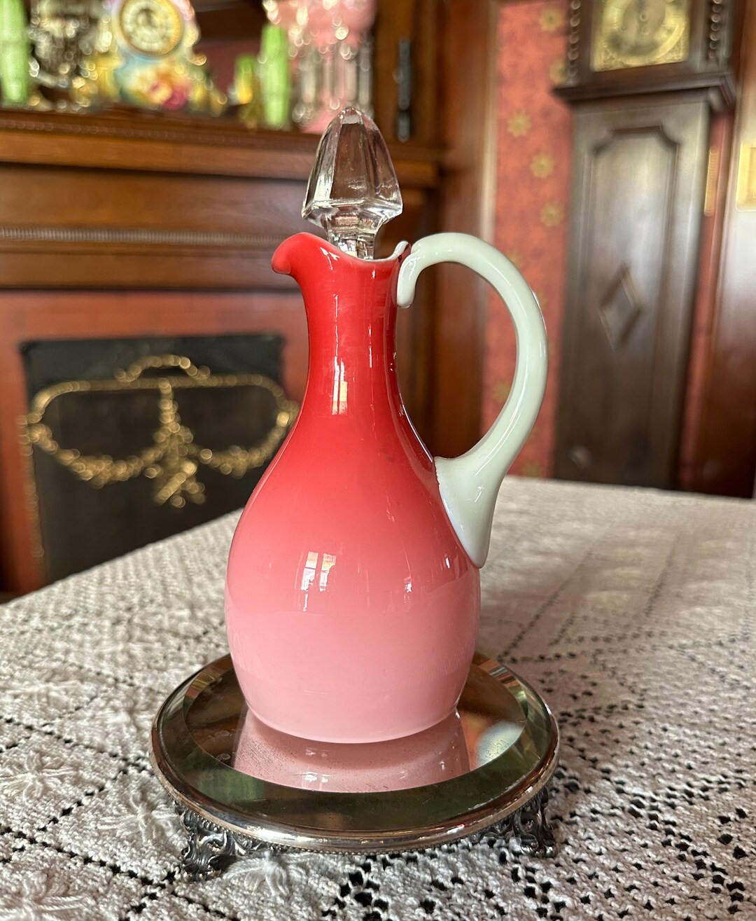 ANTIQUE VICTORIAN PEACHBLOW Glossy Pink Cased Cruet With Clear Stopper ...