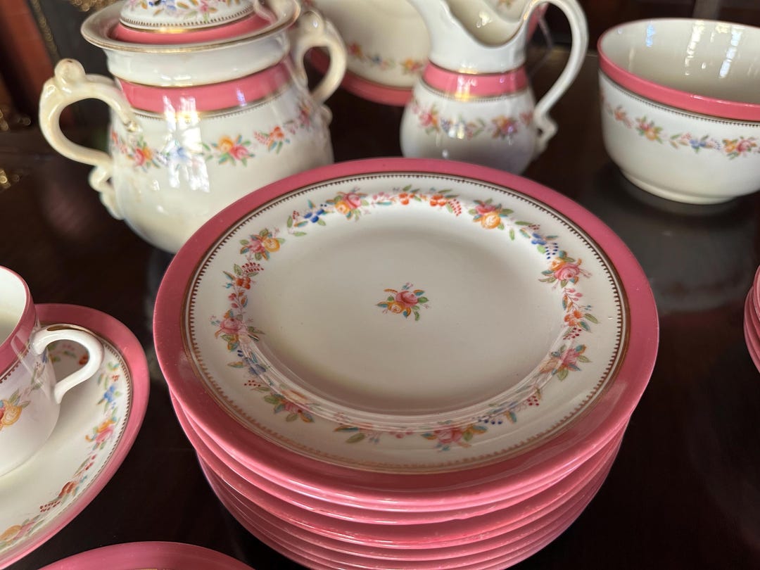 SUMPTUOUS ANTIQUE POMPADOUR Pink Dessert Service With Richly Enamelled ...