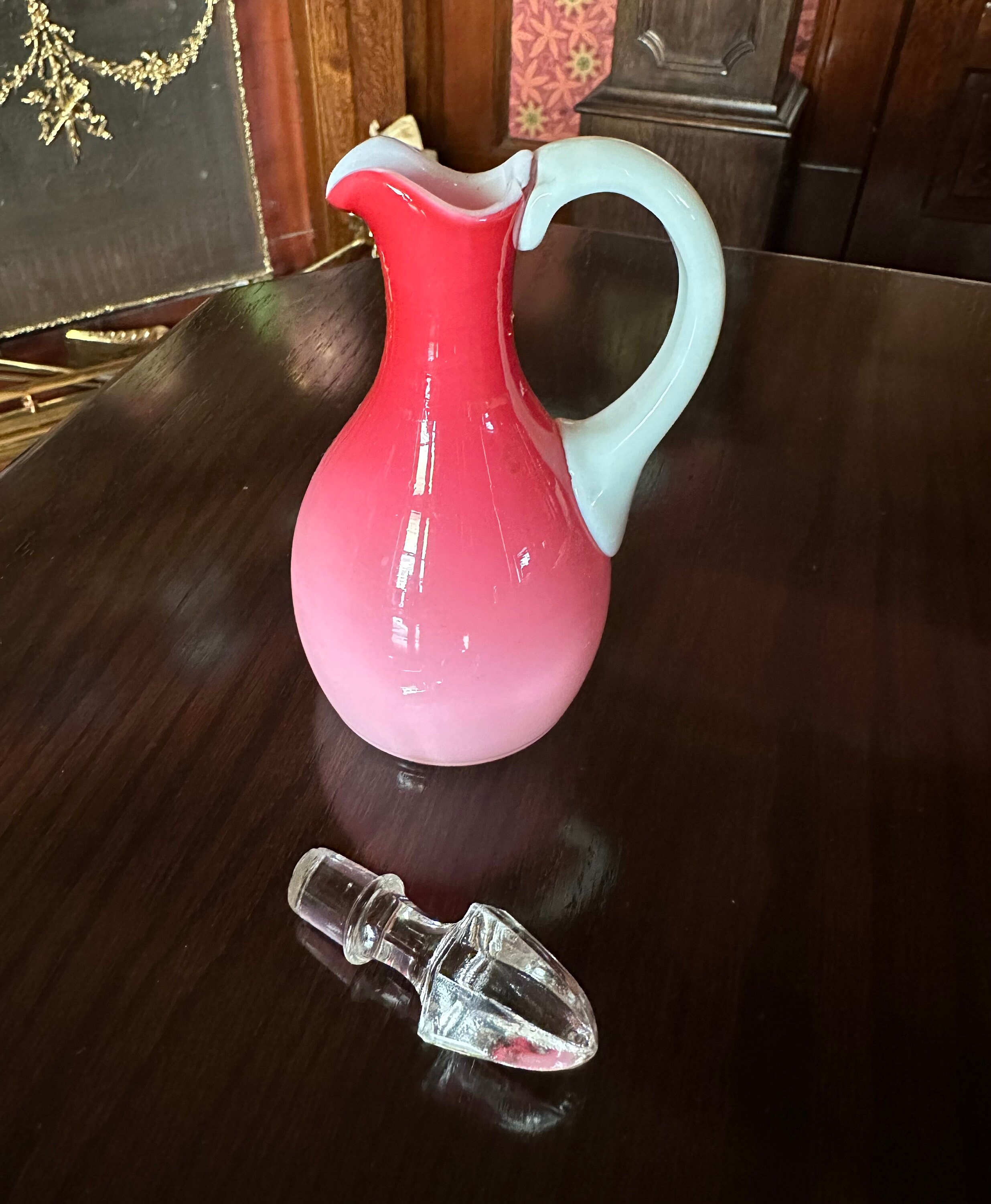 ANTIQUE VICTORIAN PEACHBLOW Glossy Pink Cased Cruet With Clear Stopper ...