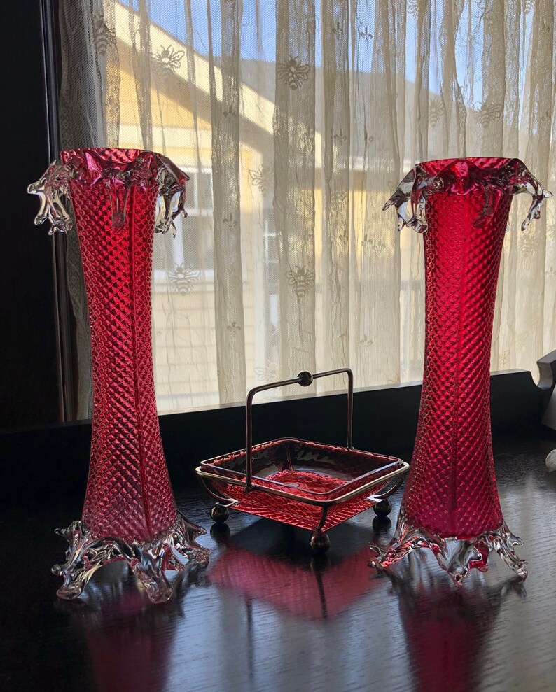 VICTORIAN CRANBERRY GLASS Grouping Antique Pair Welz Posey Vases and ...
