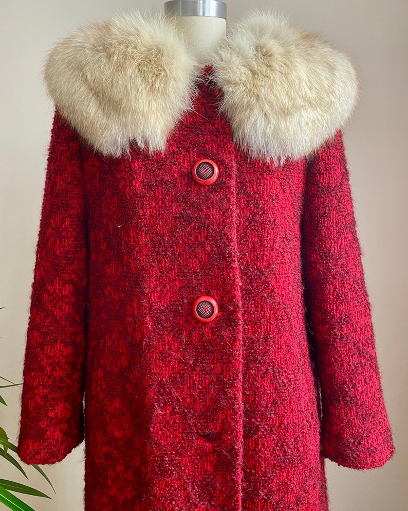 Vintage 1960s Wool Tweed Boucle Red Coat With Fox Fur Collar M - Etsy