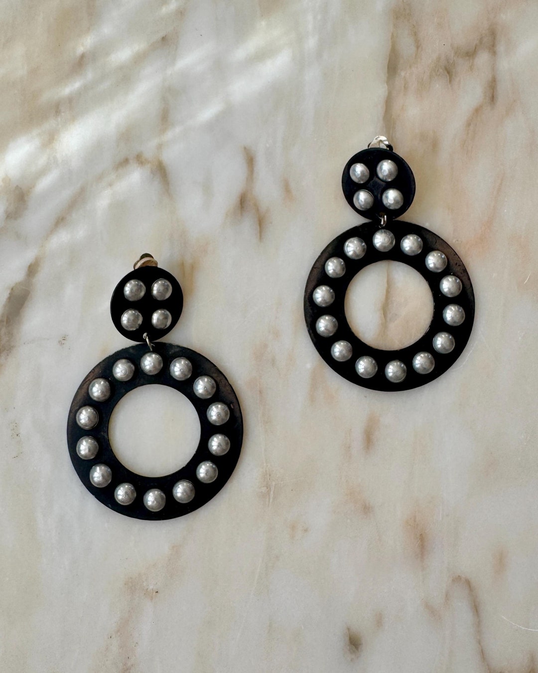 Vintage Black Metal Hoop Clip on Earrings With Silver Tone Metal Studs ...