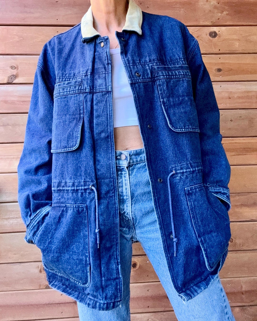 Vintage JJ. FARMER Denim Chore Barn Jean Jacket Check Lining L - Etsy